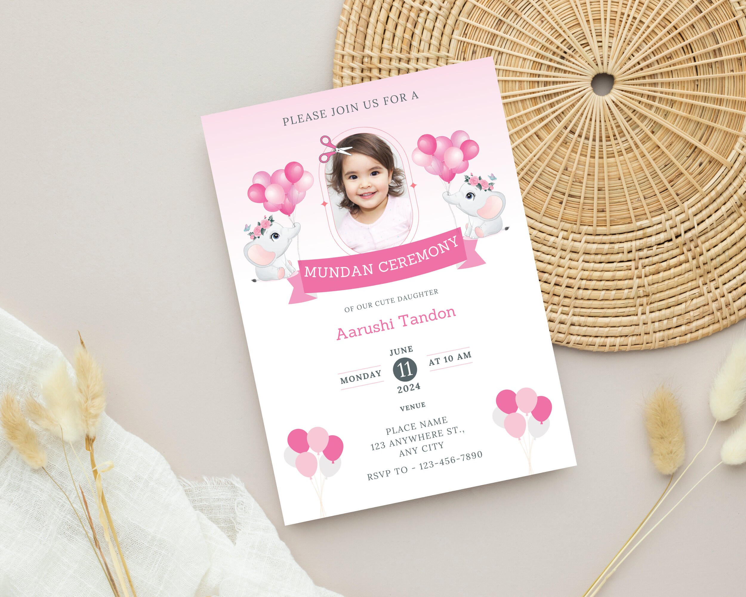 Baby Girl Mundan Ceremony Invitation: Pink Elephant, Customizable ...