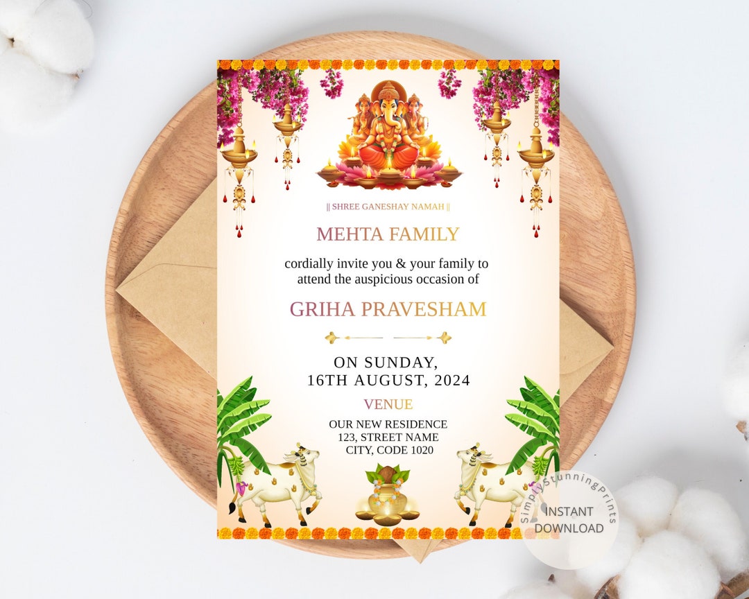 Indian Gruha Pravesham Invitation Card Telugu Housewarming Invite ...