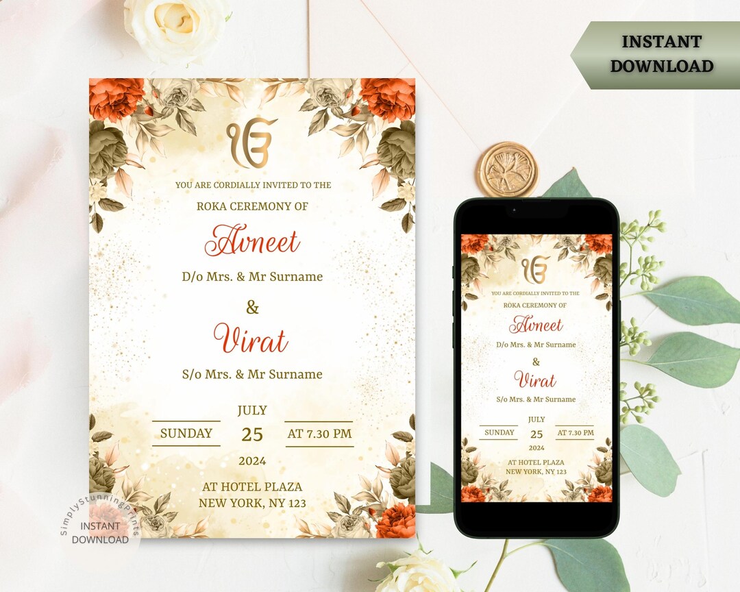 Indian Roka Ceremony Invitation Card | Floral Engagement Invite | Roka ...
