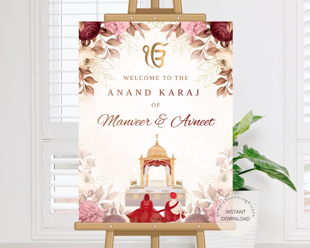 Anand Karaj Welcome Sign | Floral Sikh Wedding Sign | Indian Wedding ...
