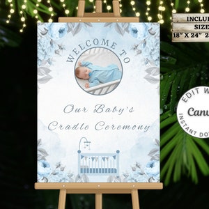 Baby Boy Cradle Ceremony Photo Welcome Sign | Blue Floral Welcome Sign ...