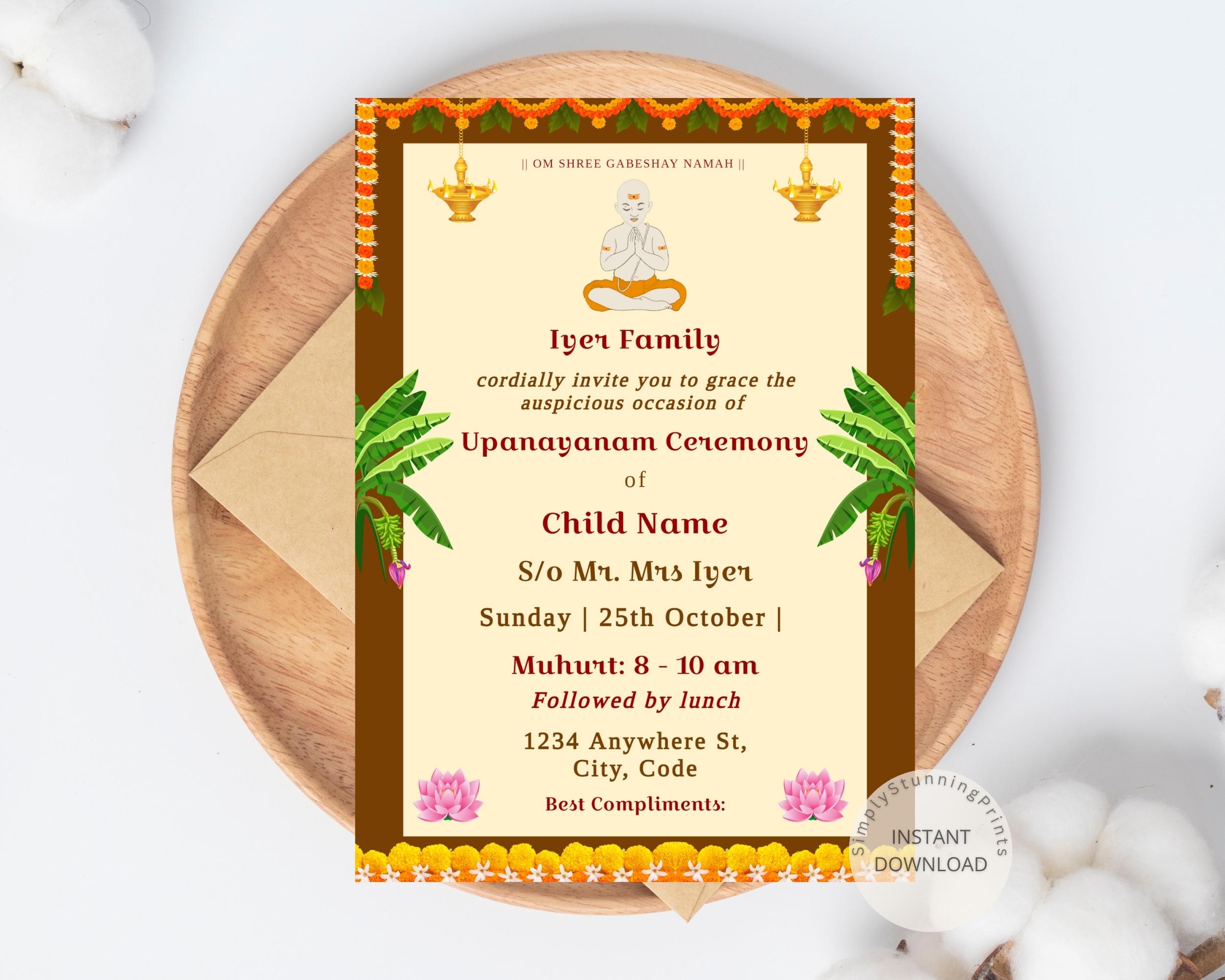 Upanayanam Ceremony Invitation as Thread Ceremony Janoi Ceremony Invite ...