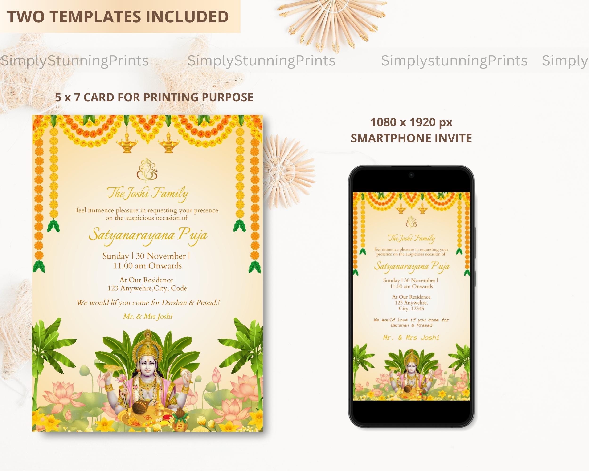 Satyanarayana Pooja Invitation: Editable Indian Puja Invite (digital ...