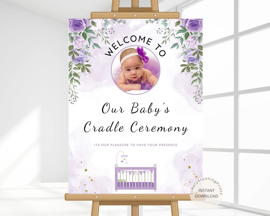 Baby Cradle Photo Welcome Sign | Purple Floral Cradle Ceremony Banner ...