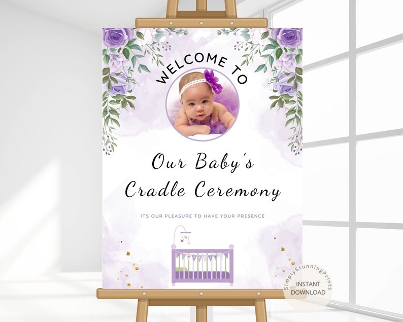 Baby Cradle Photo Welcome Sign Purple Floral Cradle Ceremony Banner ...