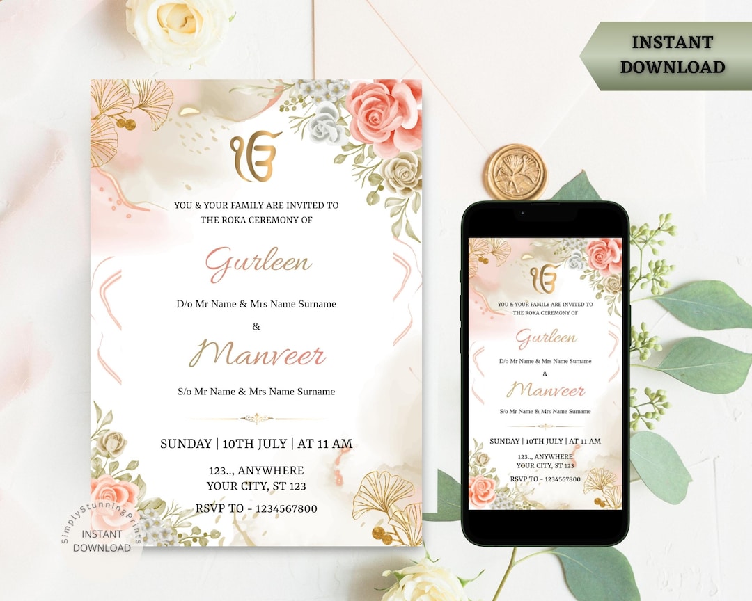 Indian Roka Ceremony Invitation Card | Pink Floral Engagement ...