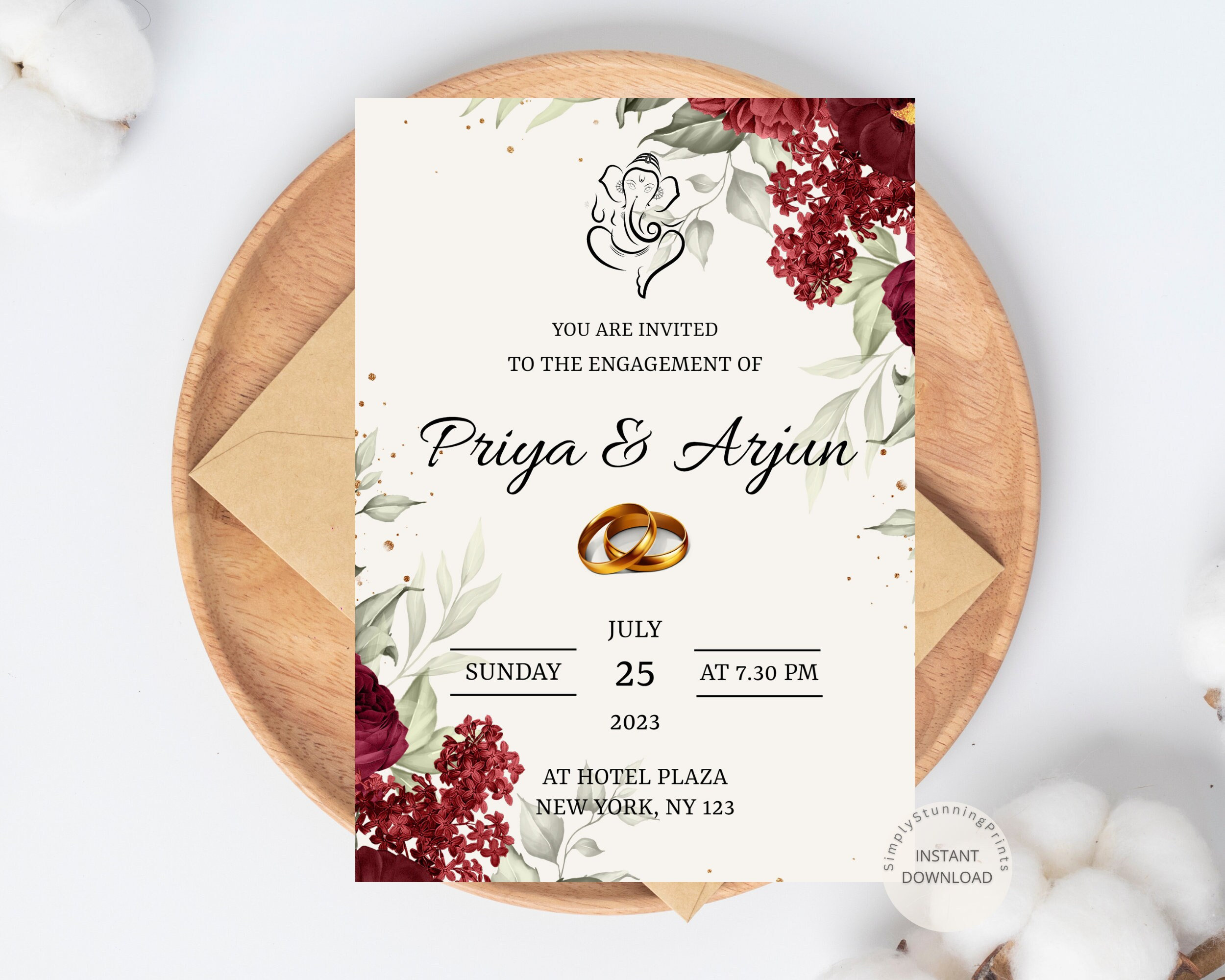 Indian Engagement Invitation Template Burgundy & Green Flower ...