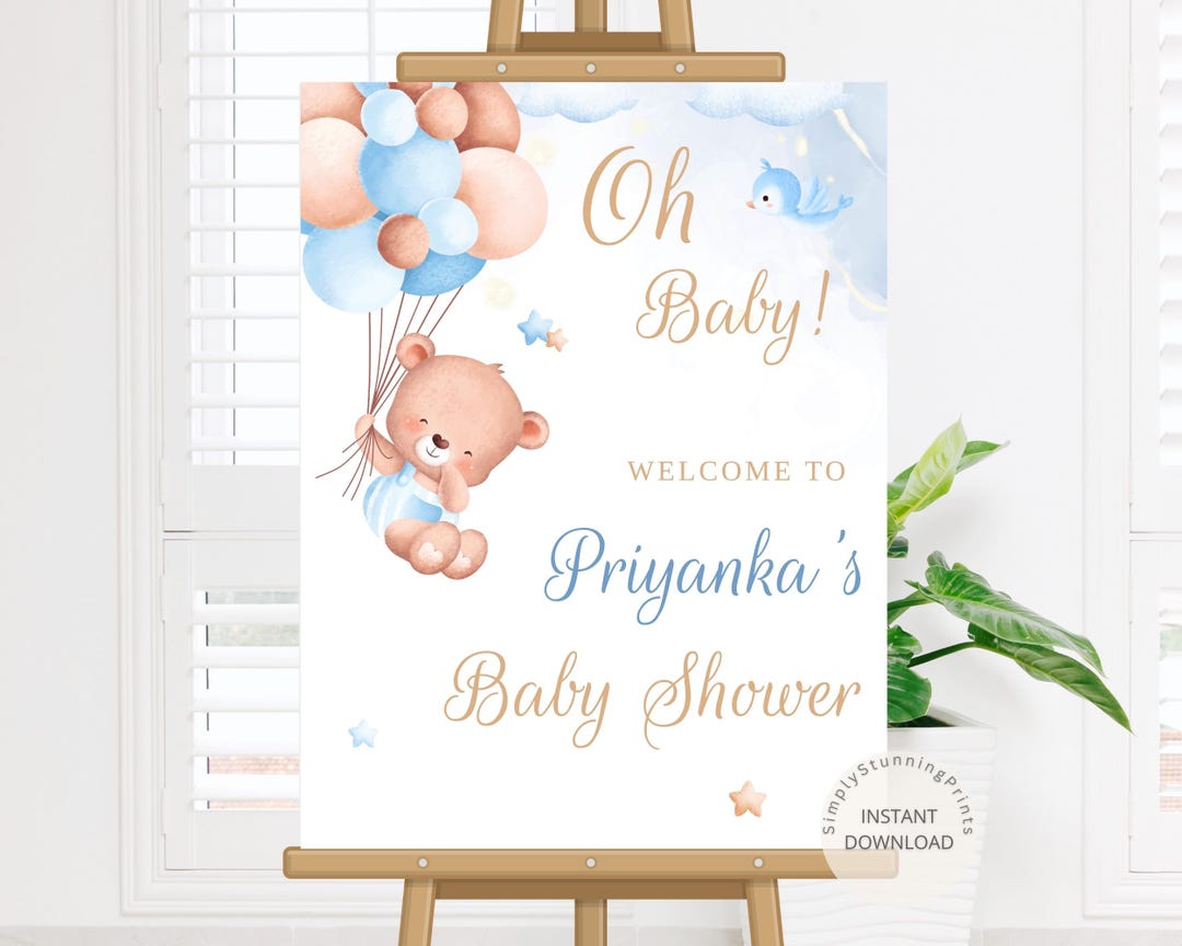 Baby Shower Welcome Sign | Oh Baby Bear Sign | Blue Brown Balloon Baby ...