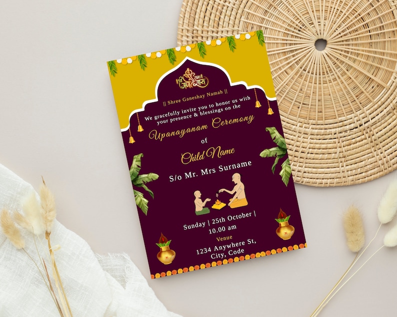 Upanayanam Invitation Card as Thread Ceremony Janoi Ceremony Invite ...