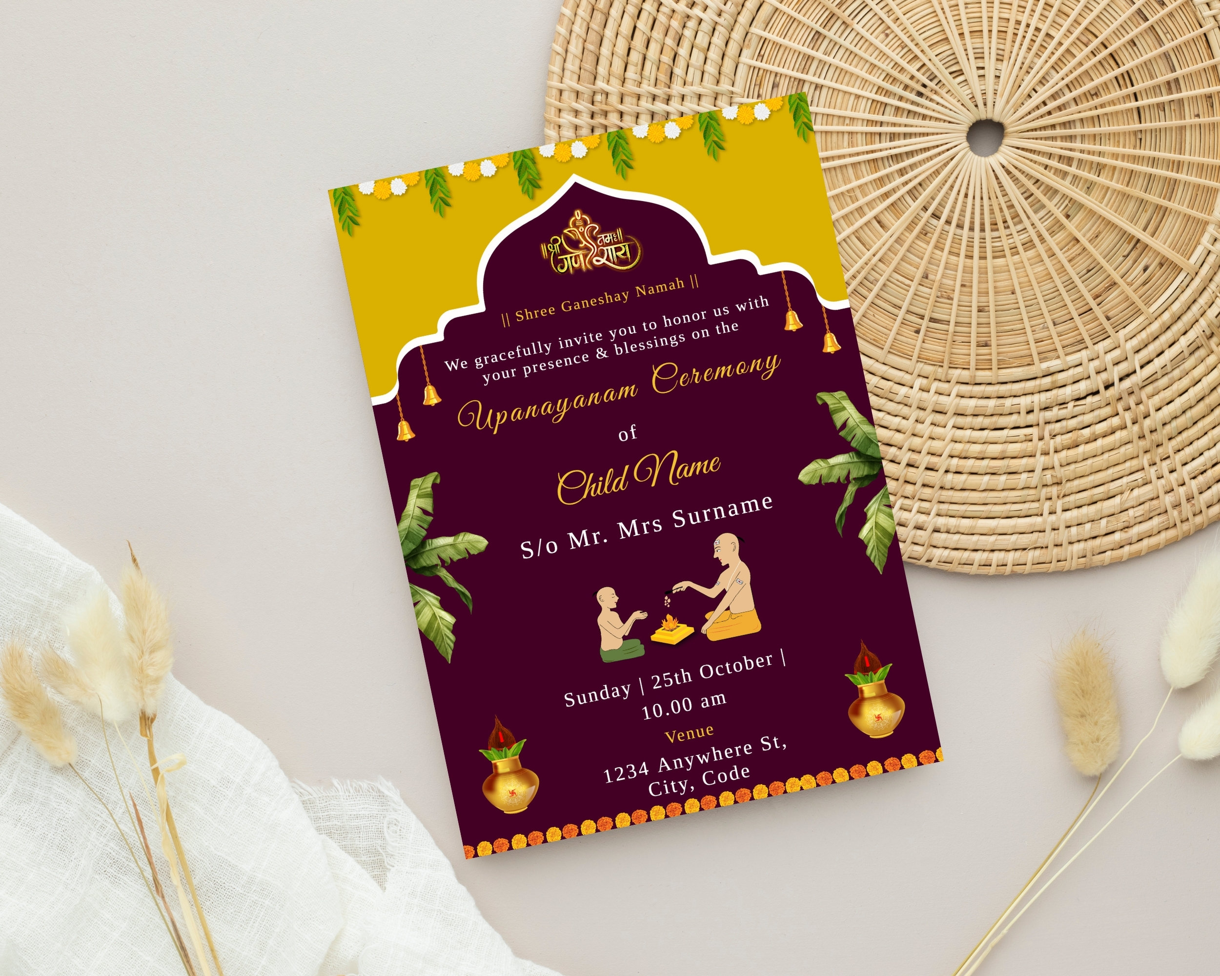 Upanayanam Invitation Card as Thread Ceremony Janoi Ceremony Invite ...