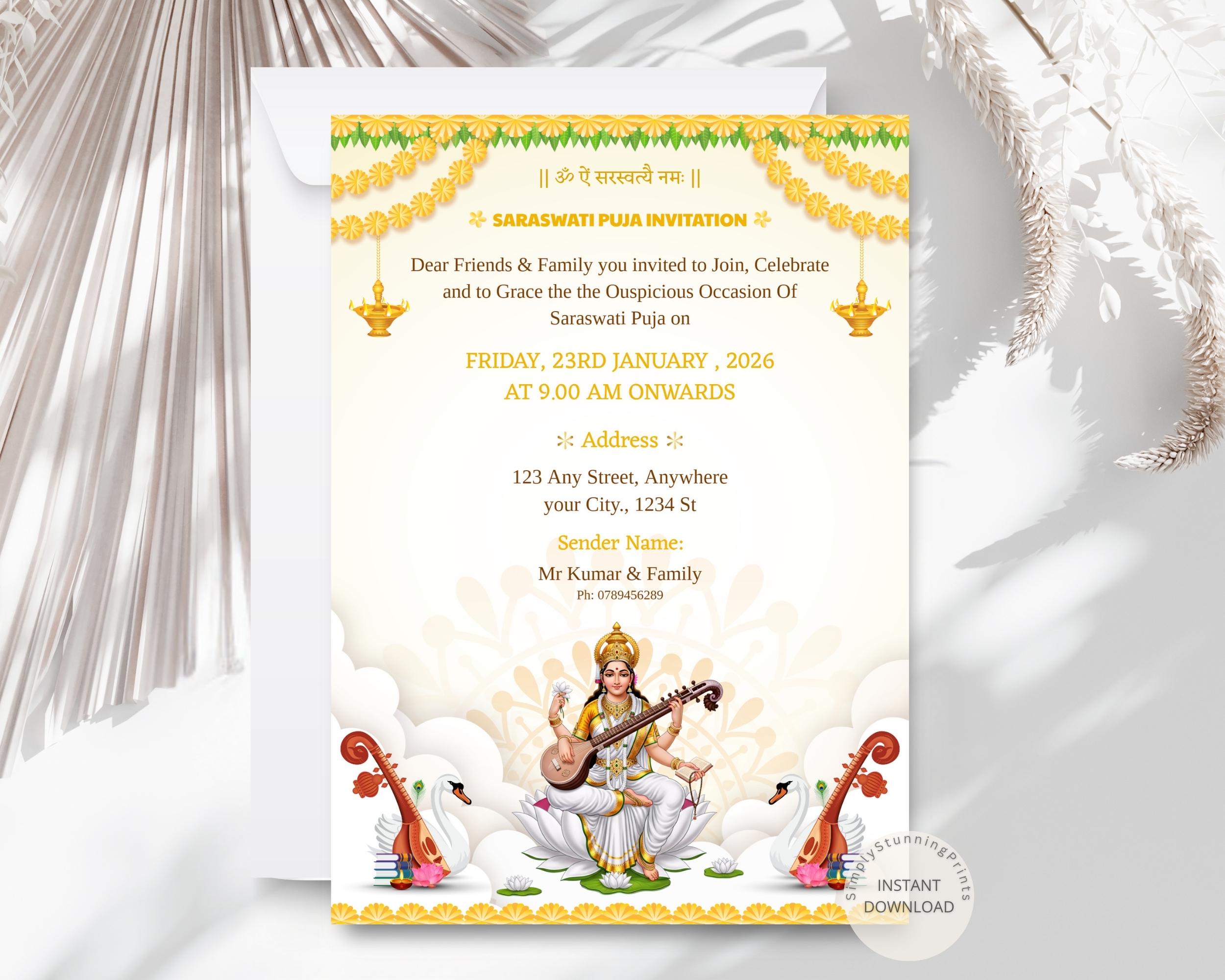 Saraswati Puja Invitation Card | Basant Panchami Invite, Editable ...