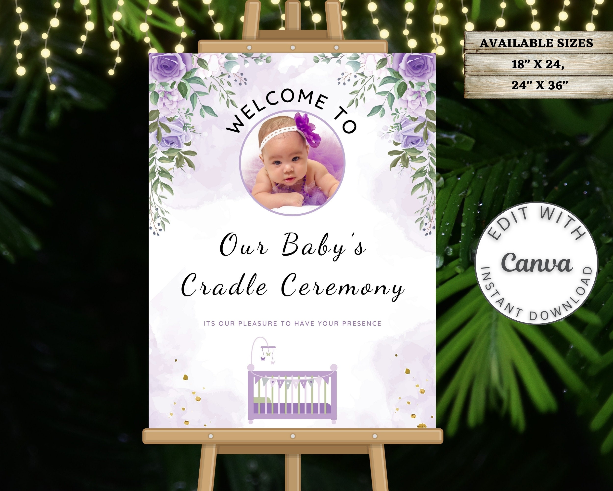 Baby Cradle Photo Welcome Sign Purple Floral Cradle Ceremony Banner ...