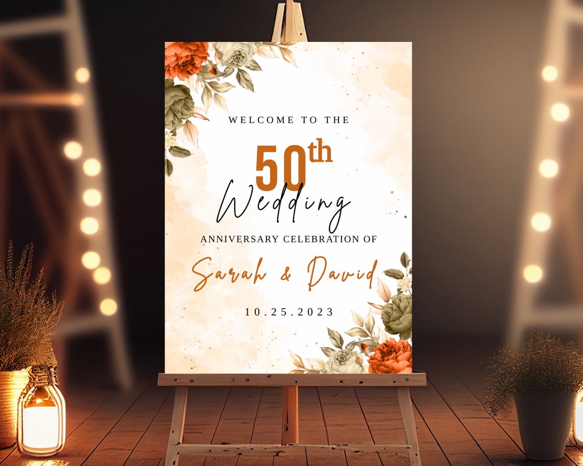 Floral Wedding Anniversary Welcome Sign 50th Wedding Anniversary Sign ...