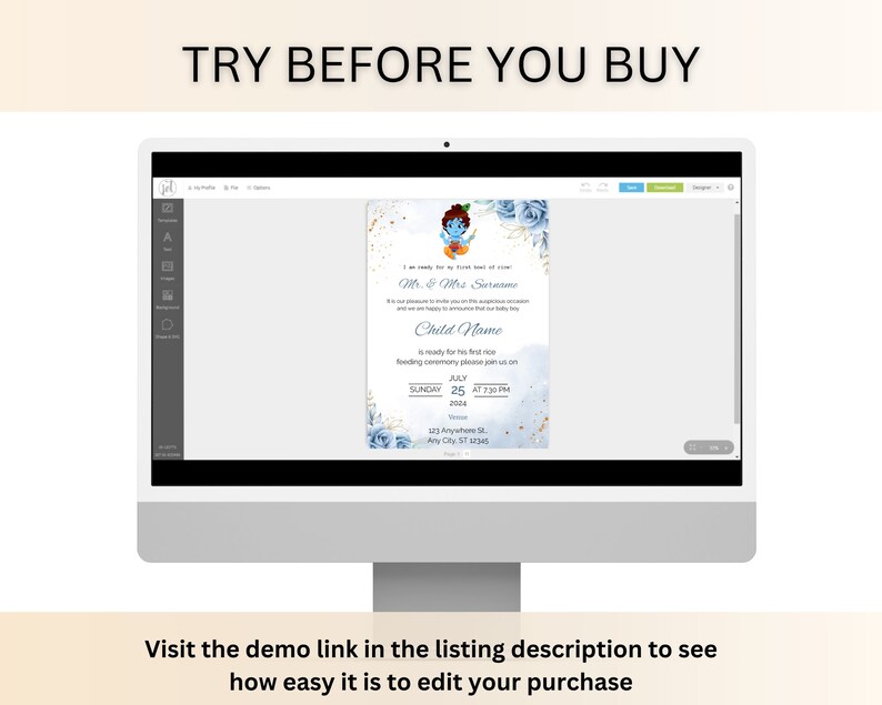 Rice Feeding Digital Invitation Card Boy Blue Floral Weaning Invitation ...