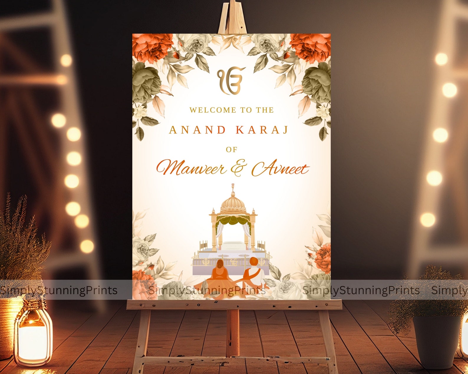 Anand Karaj Welcome Sign Watercolour Floral Sikh Wedding Sign Indian ...