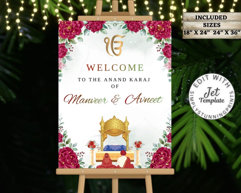 Floral Anand Karaj Welcome Sign: Sikh Wedding Decor (digital Download ...