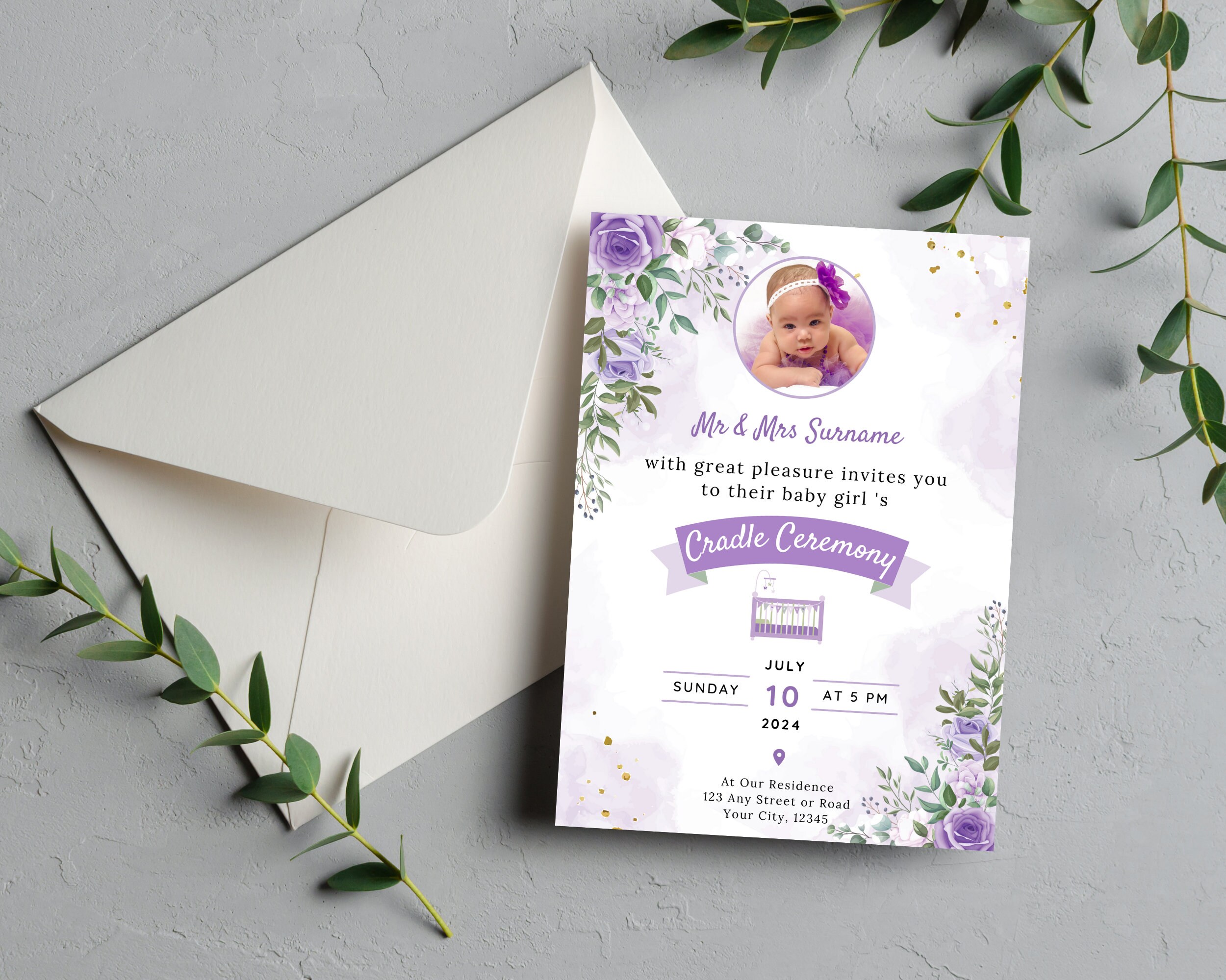 Cradle Ceremony Photo Invitation Card Naming Ceremony Invite Purple ...