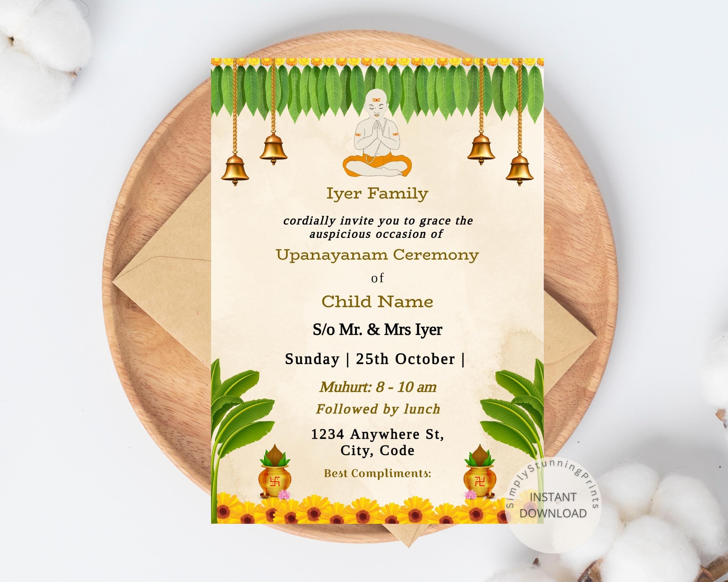 Upanayanam Invitation Card as Thread Ceremony Janoi Ceremony Invite ...