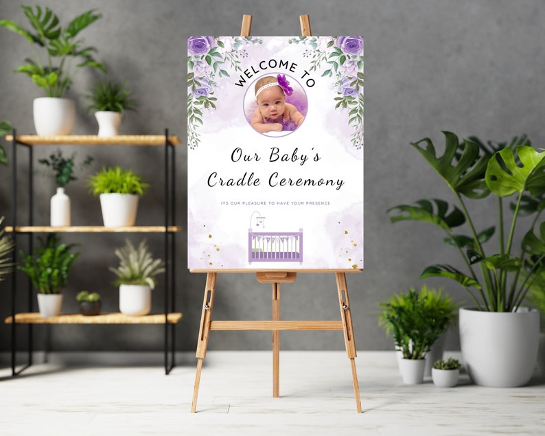 Baby Cradle Photo Welcome Sign Purple Floral Cradle Ceremony Banner ...
