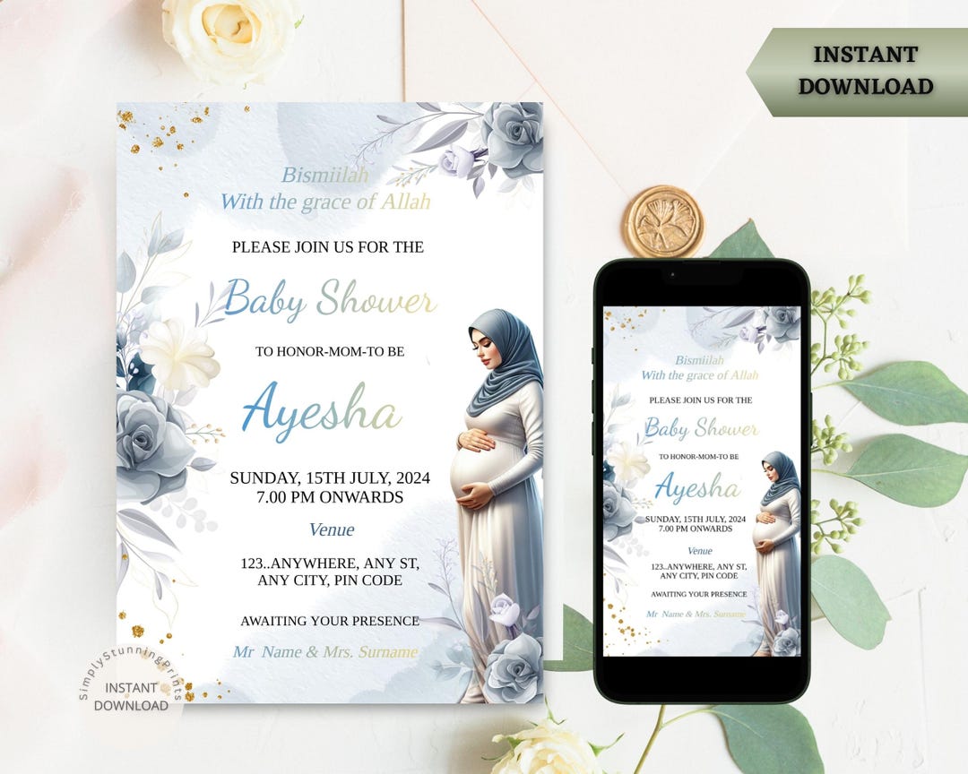 Muslim Baby Shower Invitation Card | Blue Watercolour Floral Baby ...