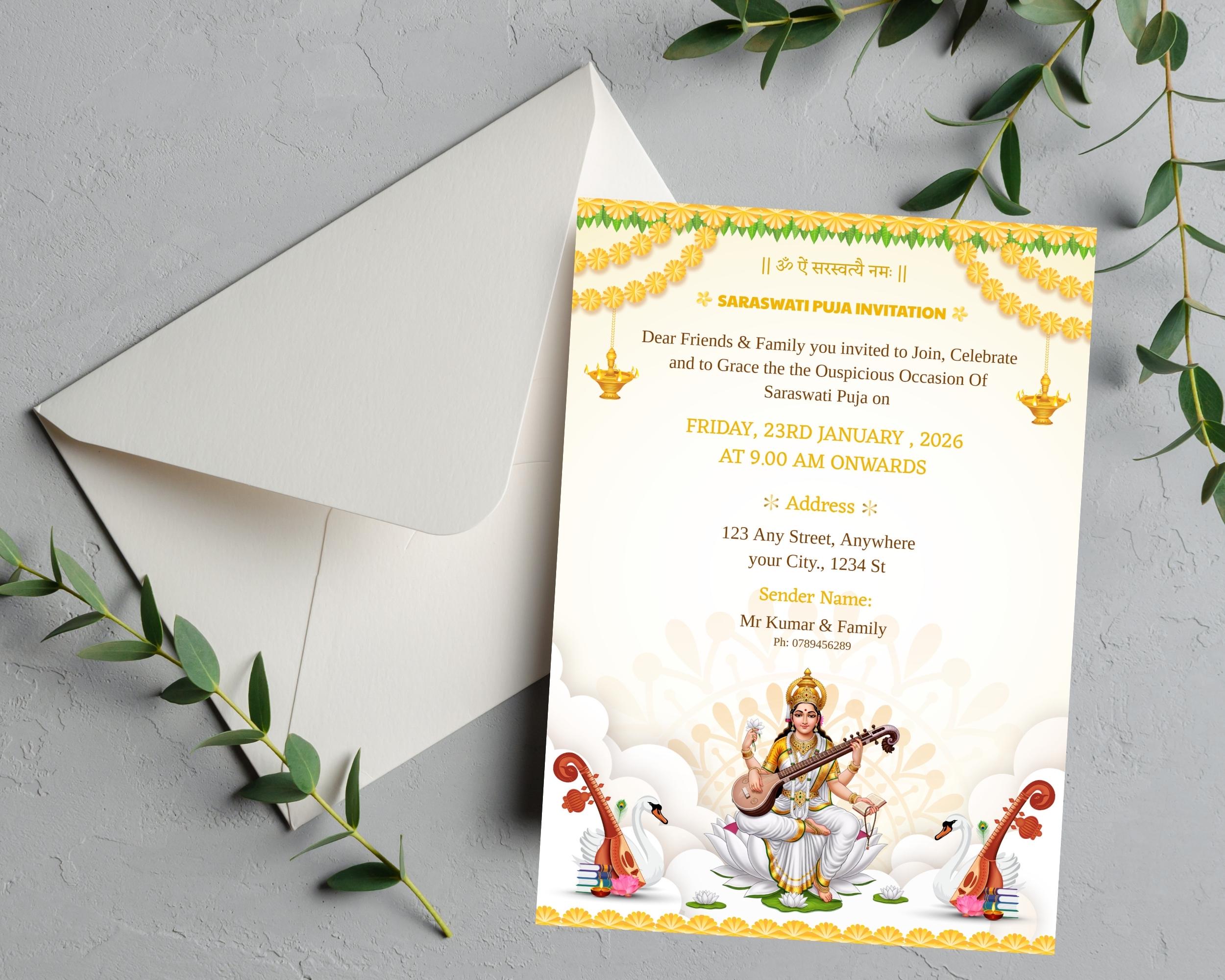 Saraswati Puja Invitation Card | Basant Panchami Invite, Editable ...