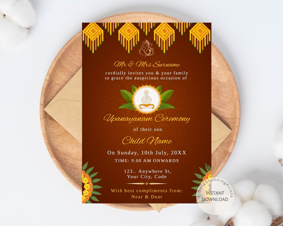 Upanayanam Invitation Card as Thread Ceremony Janoi Ceremony Invite ...