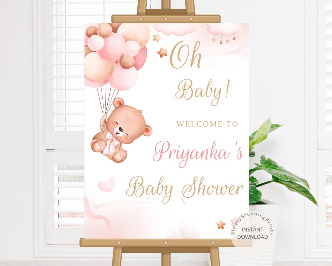 Baby Shower Welcome Sign | Oh Baby Bear Sign | Pink Balloon Baby Shower ...