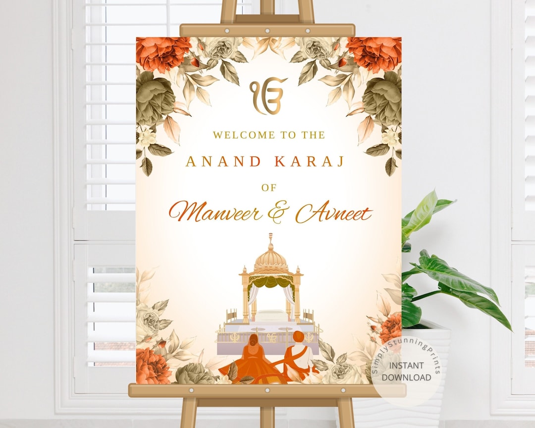 Anand Karaj Welcome Sign | Watercolour Floral Sikh Wedding Sign ...