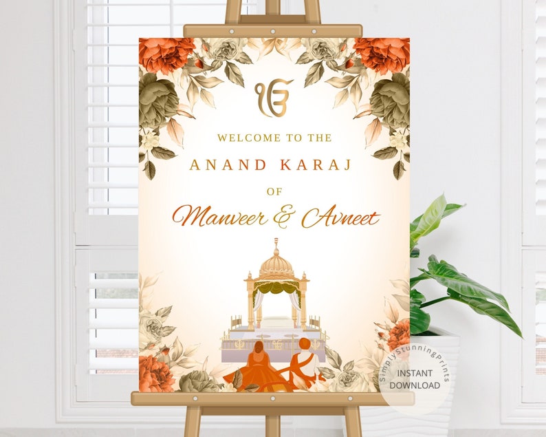 Anand Karaj Welcome Sign Watercolour Floral Sikh Wedding Sign Indian ...