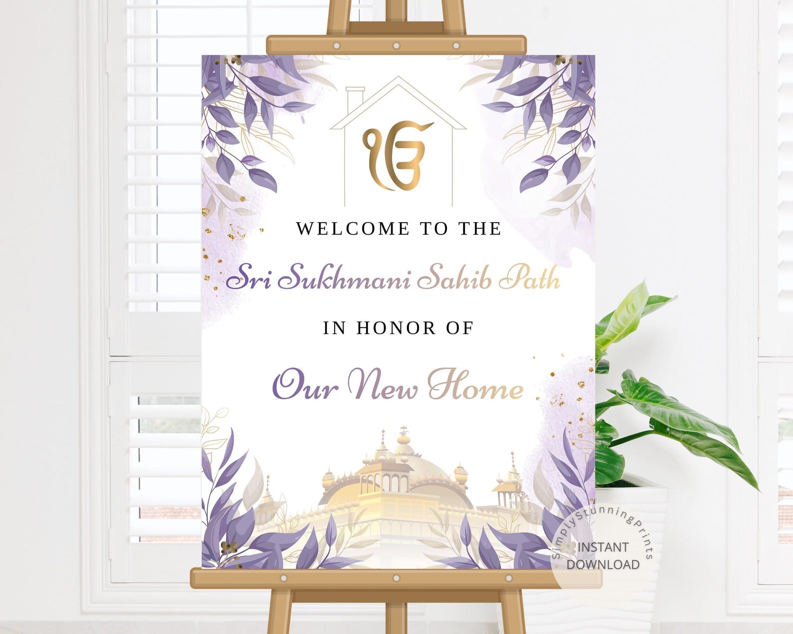 Sikh Housewarming Welcome Sign: Purple Watercolor Leaves (digital ...