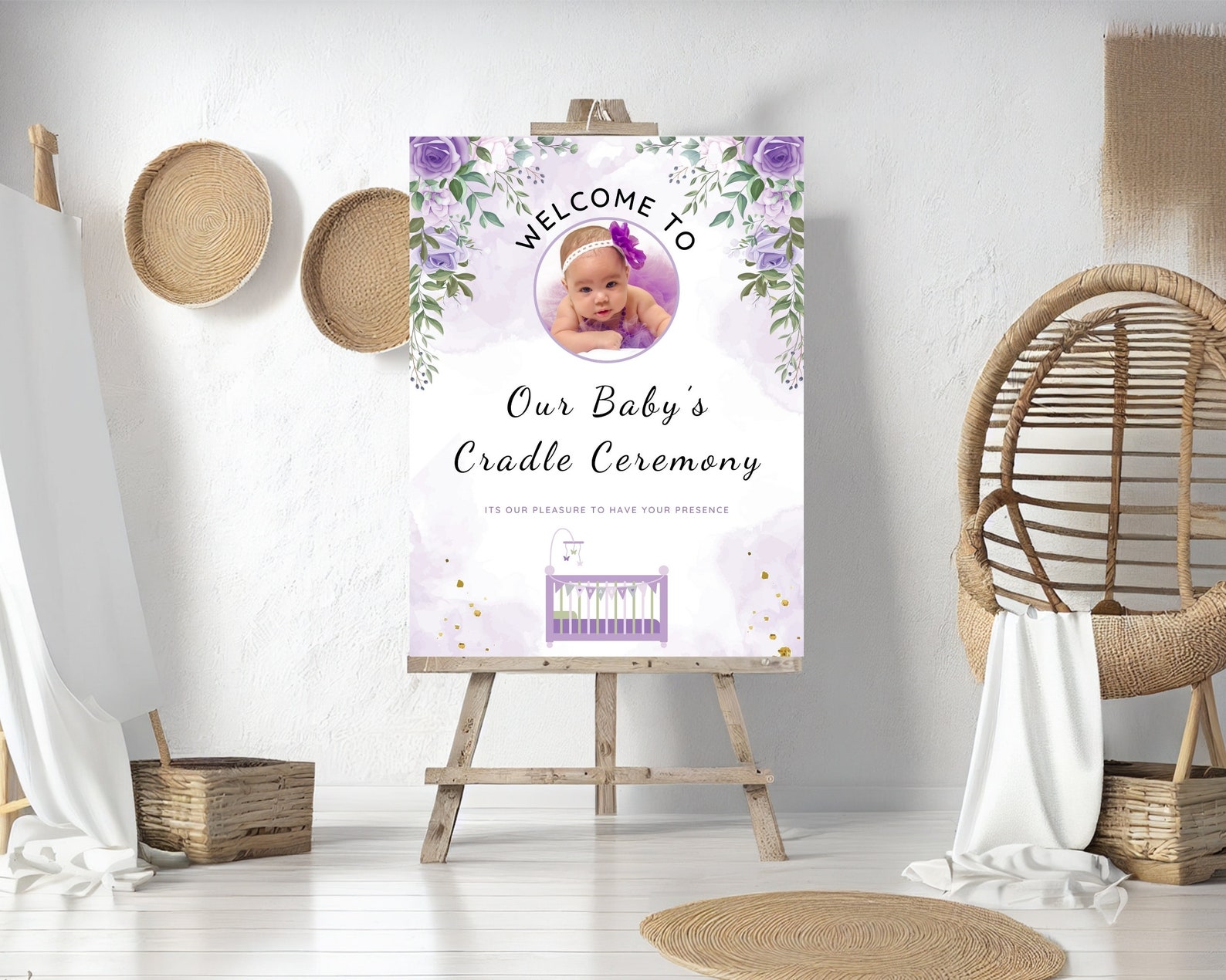 Baby Cradle Photo Welcome Sign Purple Floral Cradle Ceremony Banner ...