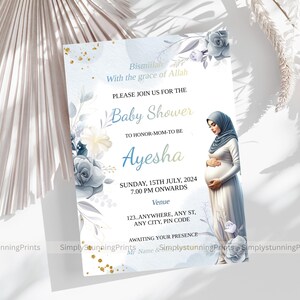 Muslim Baby Shower Invitation Card | Blue Watercolour Floral Baby ...