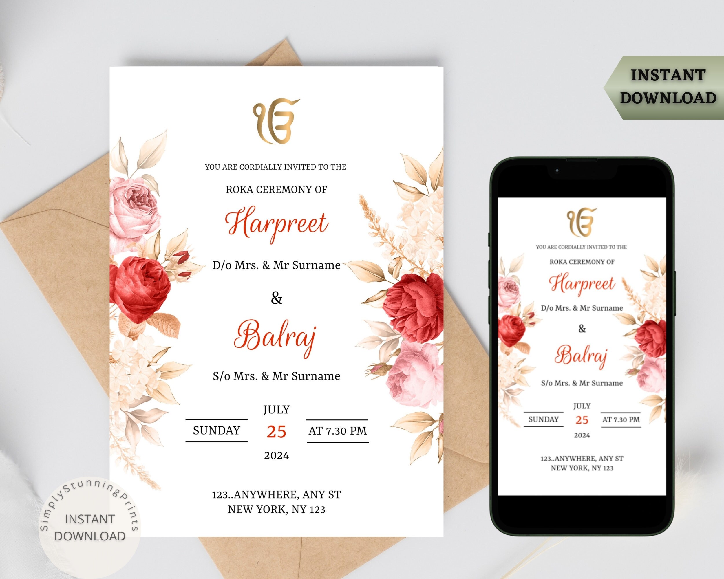 Indian Roka Ceremony Invitation Card Floral Engagement Invitation Rokha ...