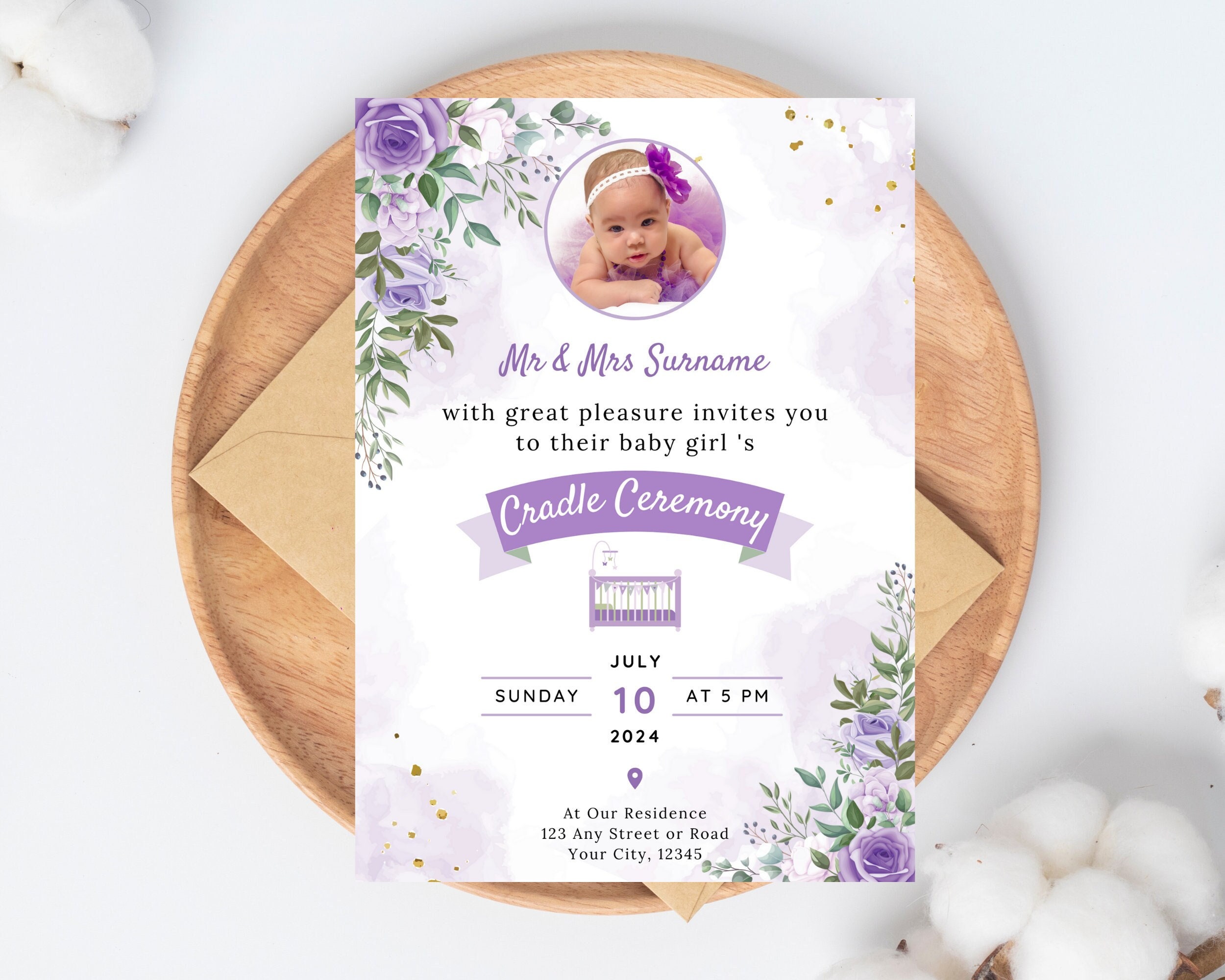 Cradle Ceremony Photo Invitation Card | Naming Ceremony Invite | Purple ...