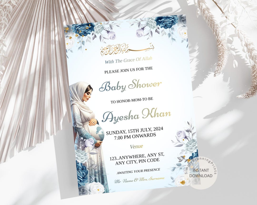 Muslim Baby Shower Invitation Card | Blue Watercolour Floral Baby ...