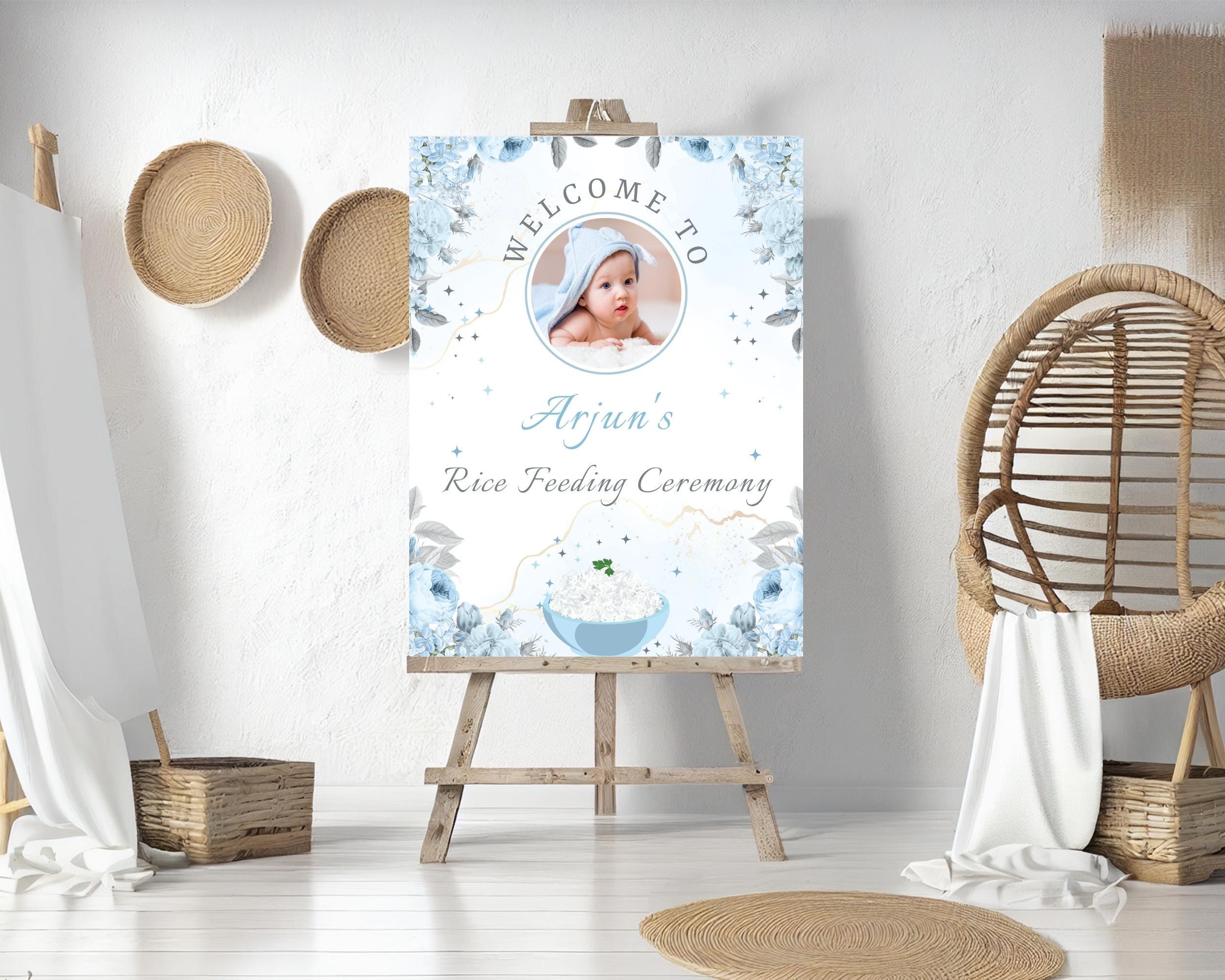 Rice Feeding Ceremony Welcome Sign: Pasni Ceremony Decor, Blue Floral ...