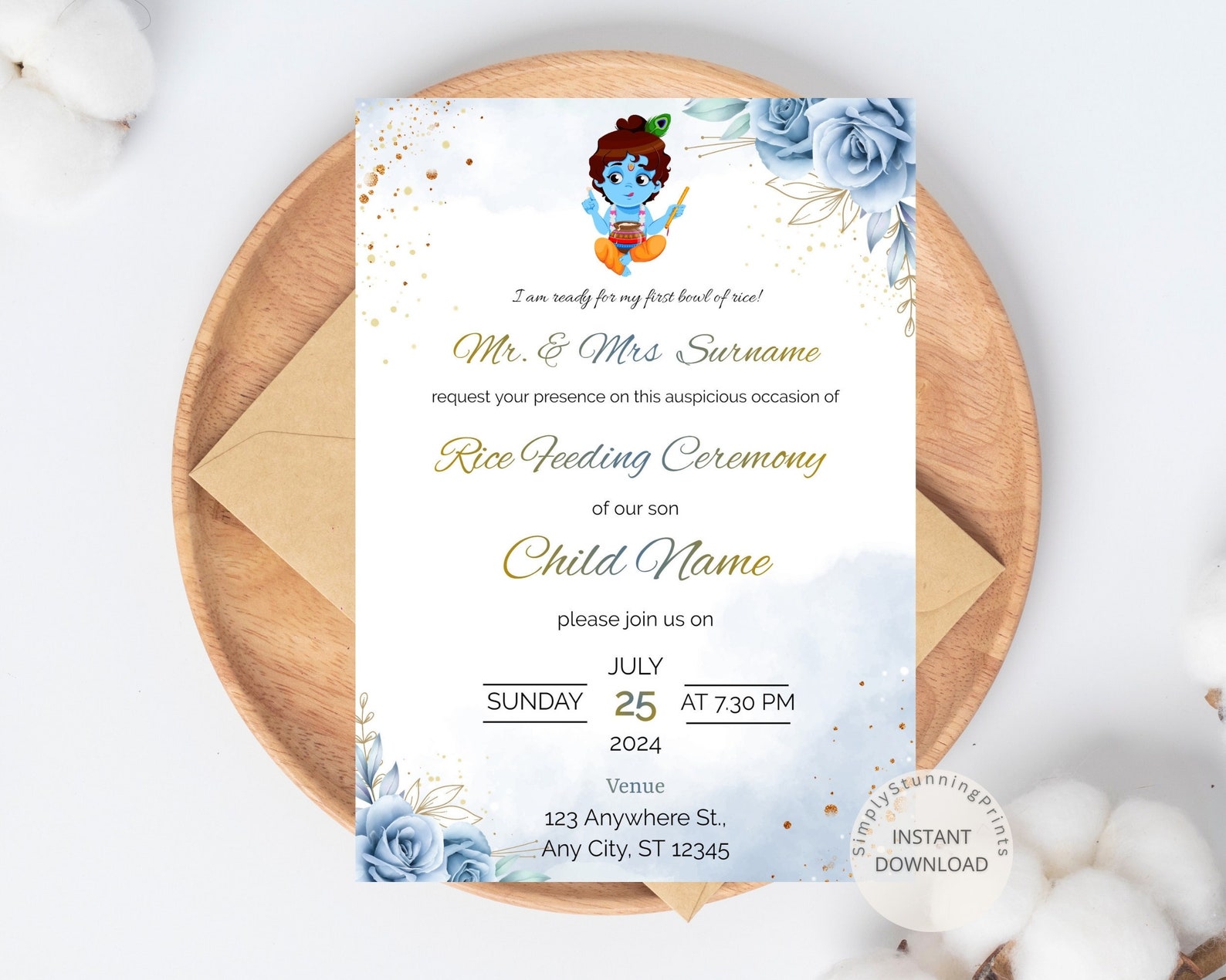Rice Feeding Digital Invitation Card Boy Blue Floral Weaning Invitation ...