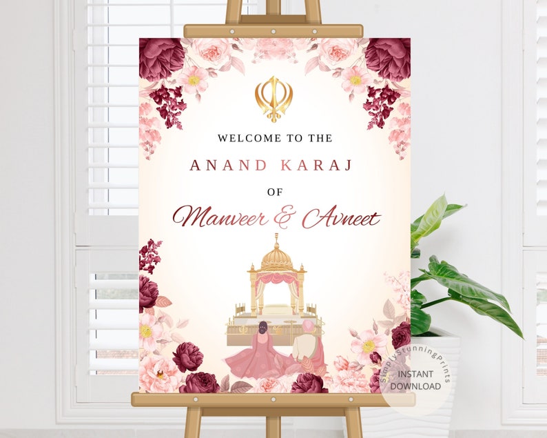 Floral Anand Karaj Welcome Sign: Sikh Wedding Decor (digital Download ...