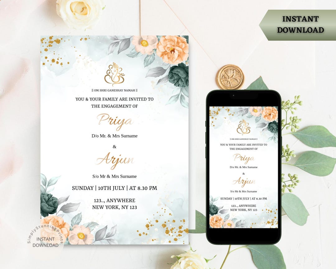 Indian Engagement Invitation Card | Floral Engagement Invite | Ring ...