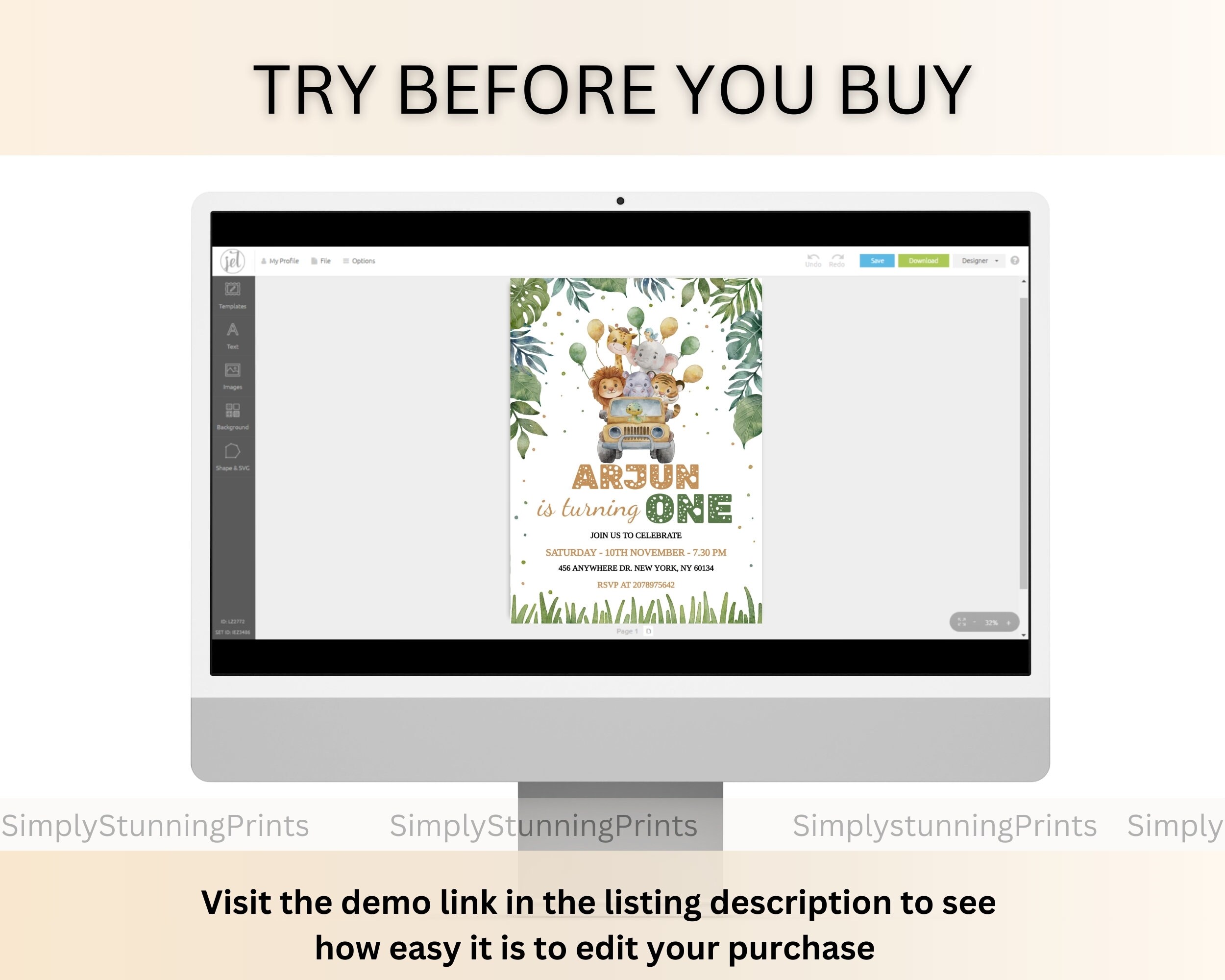 Editable Jungle Safari Boy Birthday Invitation Card Wild One Baby's ...