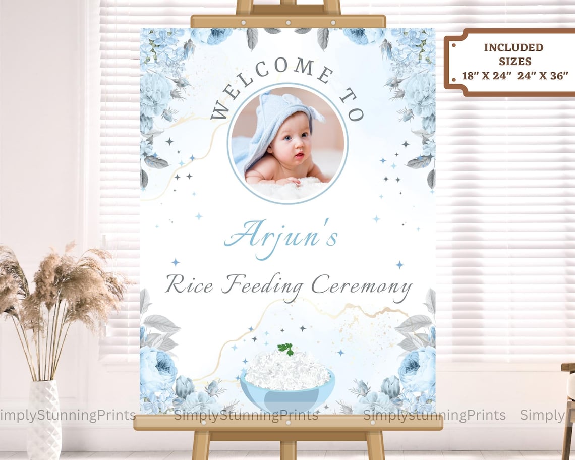 Rice Feeding Ceremony Welcome Sign: Pasni Ceremony Decor, Blue Floral ...