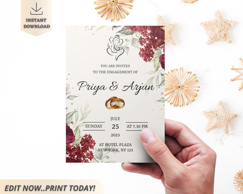 Indian Engagement Invitation Template Burgundy & Green Flower ...