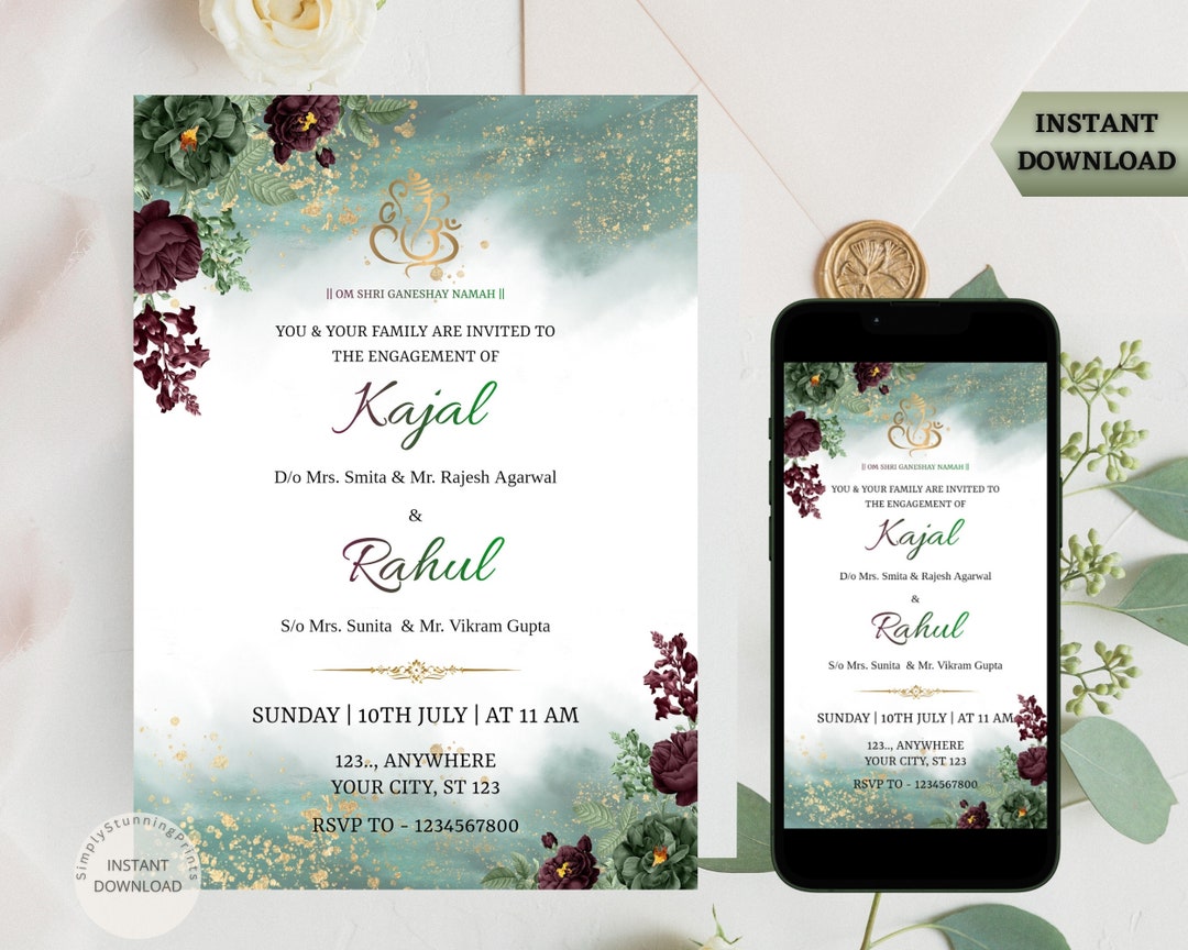 Indian Engagement Invitation Card Floral Engagement Invite Ring ...