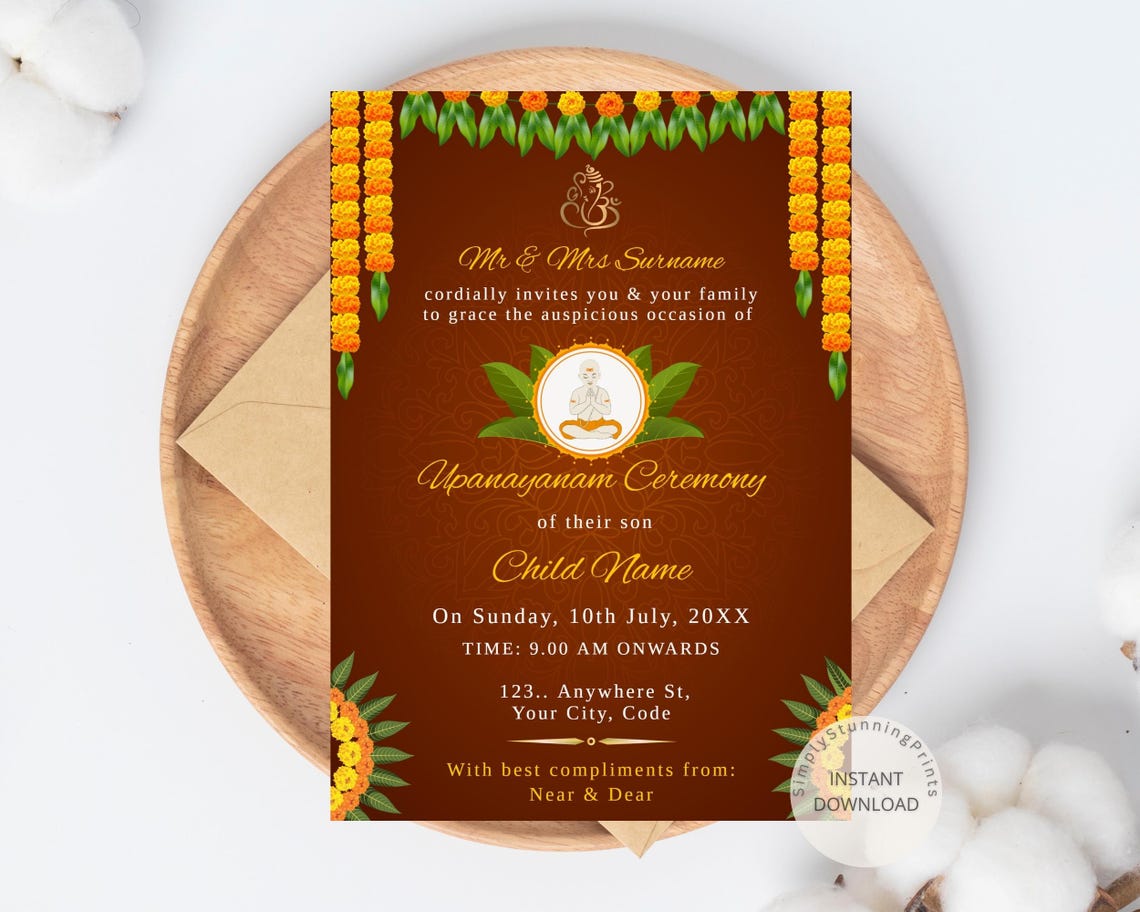 Upanayanam Invitation Card as Thread Ceremony Janoi Ceremony Invite ...