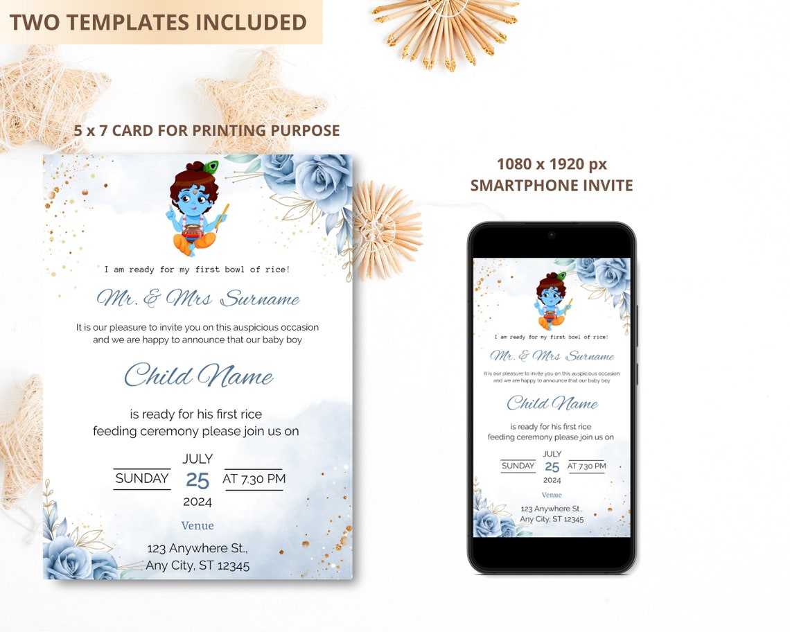 Rice Feeding Digital Invitation Card Boy Blue Floral Weaning Invitation ...