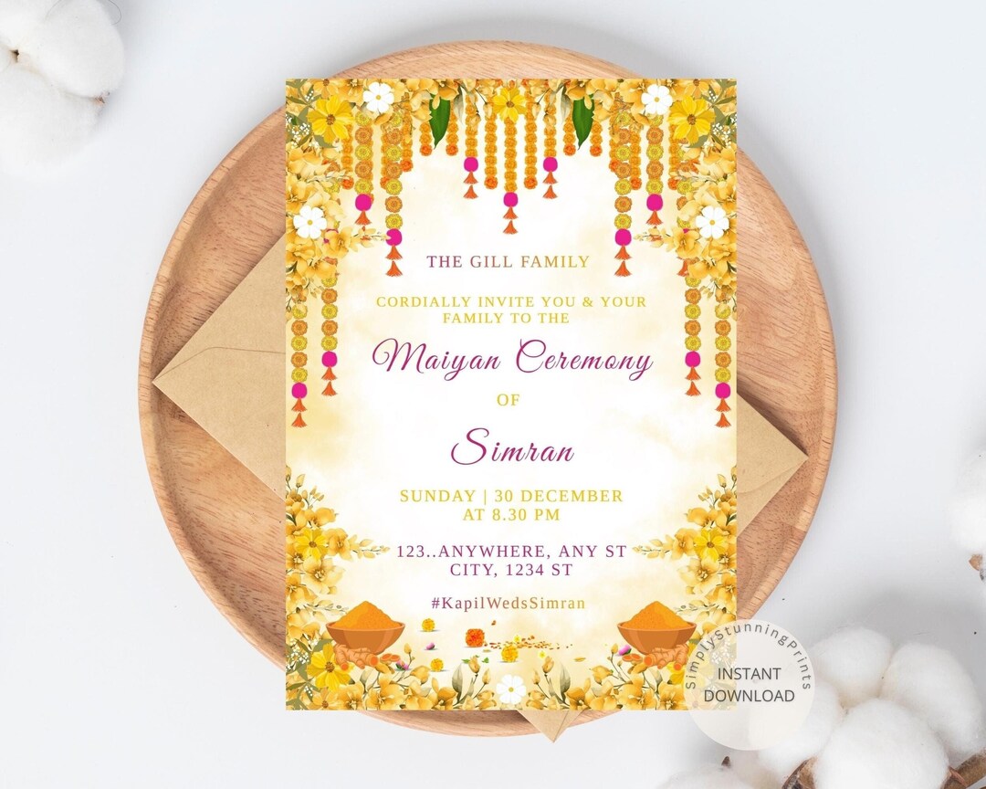 Maiyan Ceremony Invitation Card as Mayoon Card Haldi Night Invitation ...