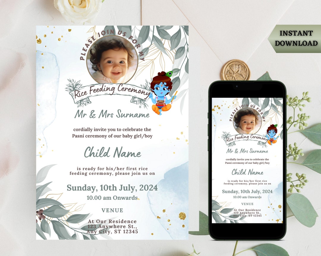 Rice Feeding Digital Invitation Card | Blue Watercolour Weaning ...