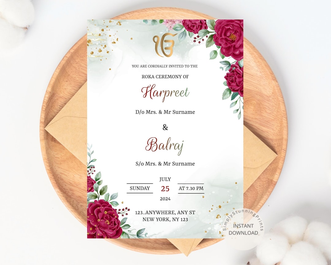 Roka Ceremony Invitation Card | Floral Engagement Invite | Panjabi Roka ...