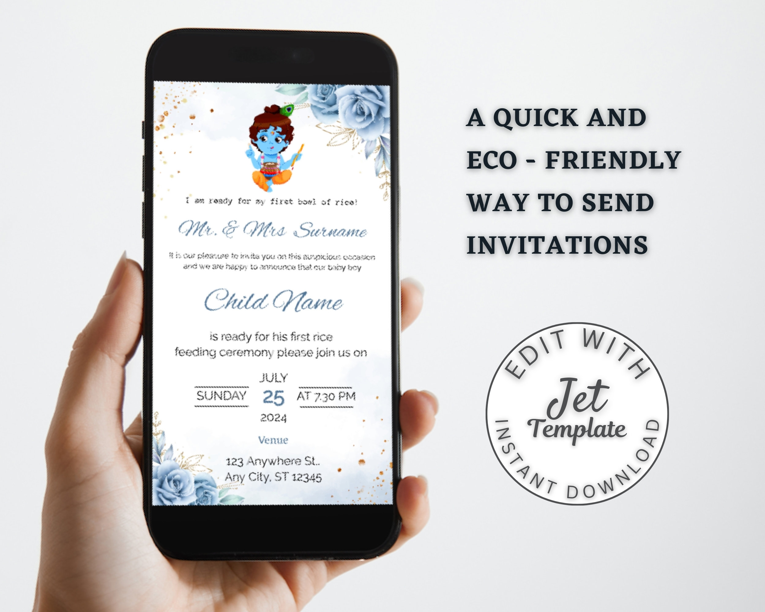 Rice Feeding Digital Invitation Card Boy Blue Floral Weaning Invitation ...