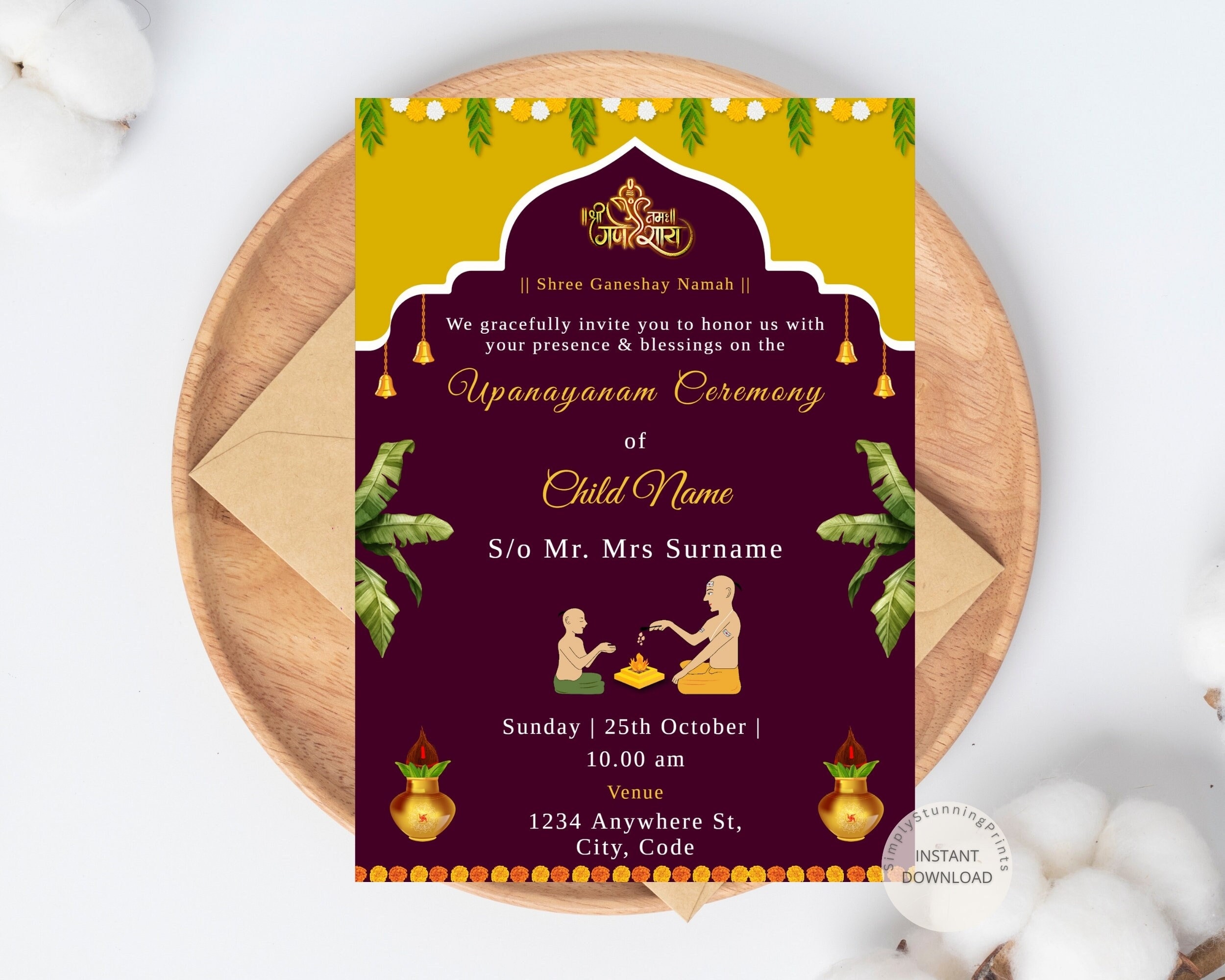 Upanayanam Invitation Card as Thread Ceremony Janoi Ceremony Invite ...